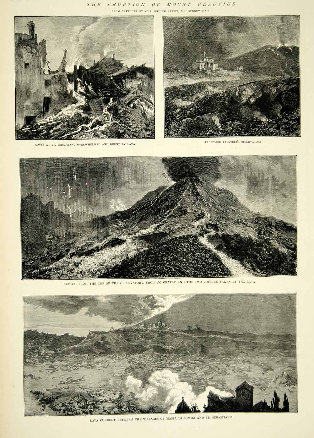 1872 Wood Engraving Sydney Hall Art Mt Vesuvius Volcano Eruption Italy ...