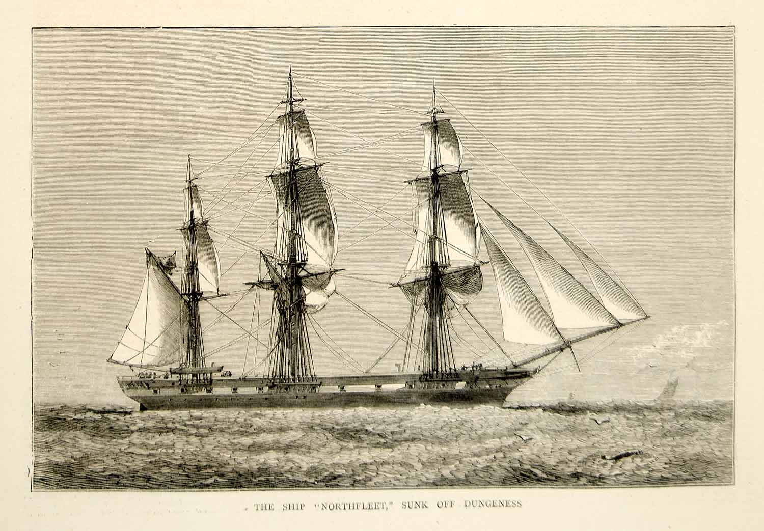 1873 Wood Engraving Art Northfleet Full Rigged Ship Blackwall Frigate ...
