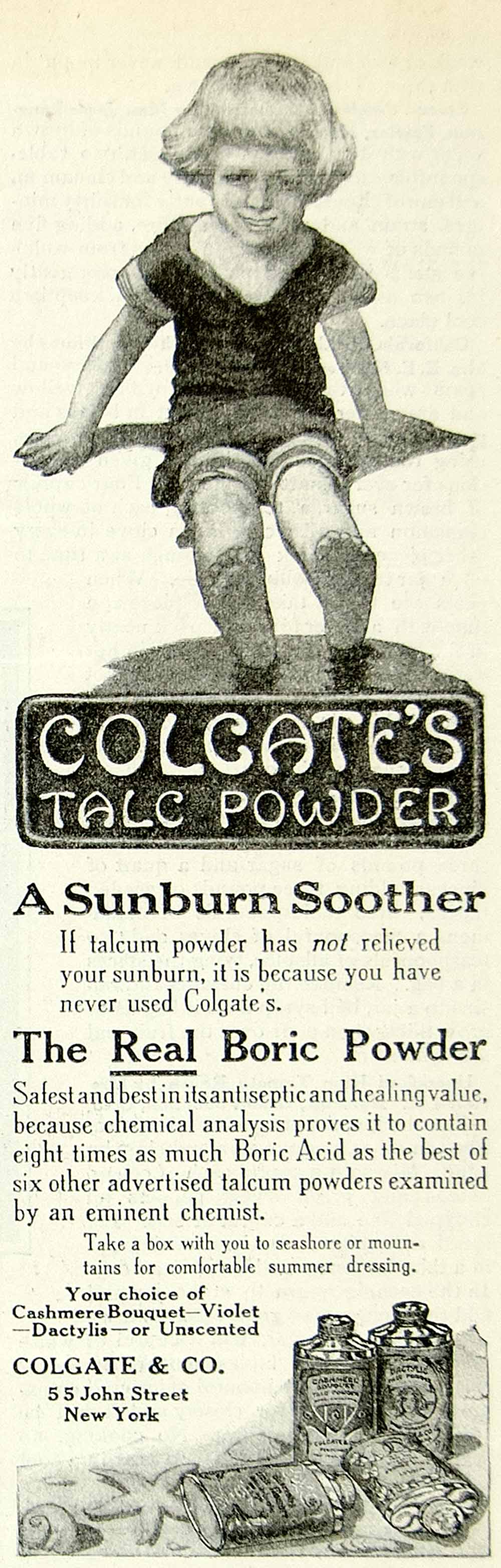 1910 Ad Colgate Talcum Powder 55 John St NY Child Girl Boric Acid Heal ...