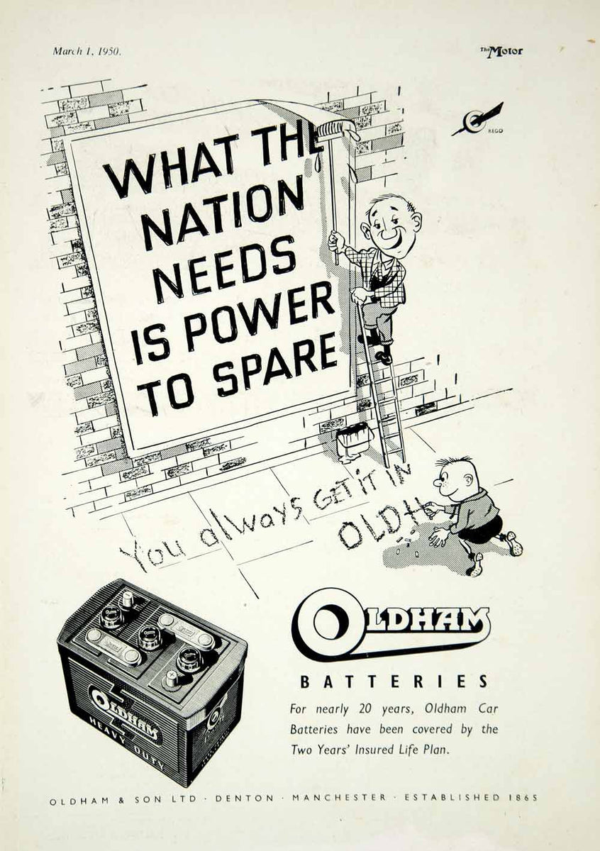 1950 Ad Oldham Car Battery Auto Parts Billboard Cartoon Art Denton YTM ...