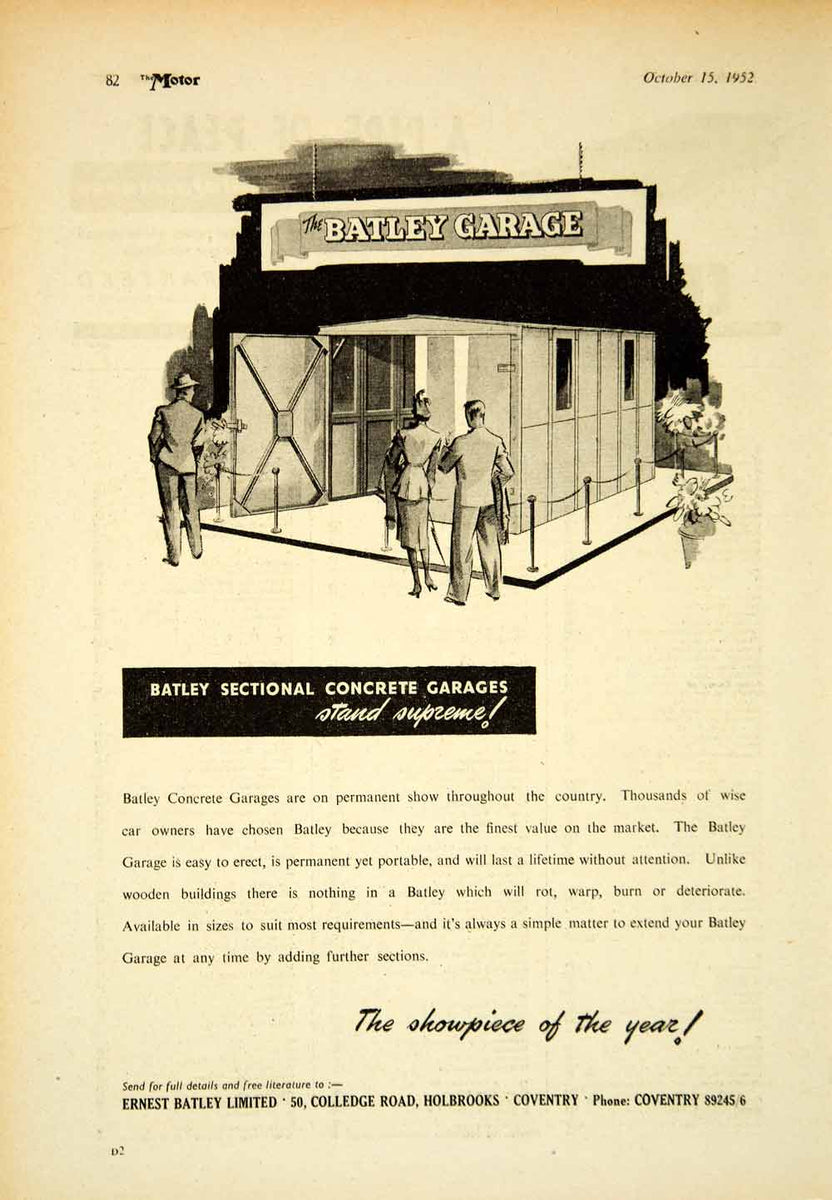 1952 Ad Ernest Batley Concrete Garage Car Automobile Construction Buil ...
