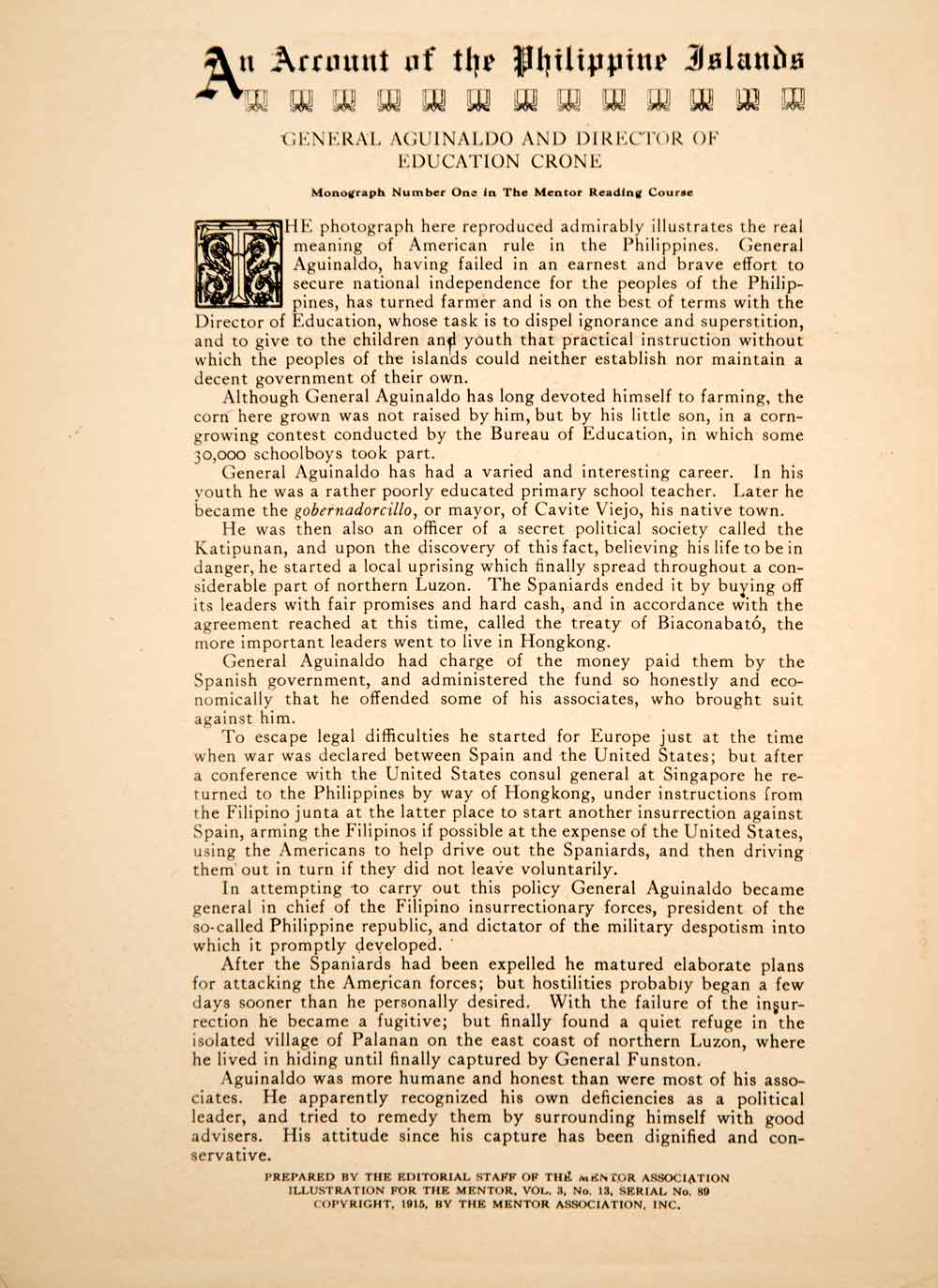 1915 Photogravure General Emilio Aguinaldo Philippines President Cornf ...