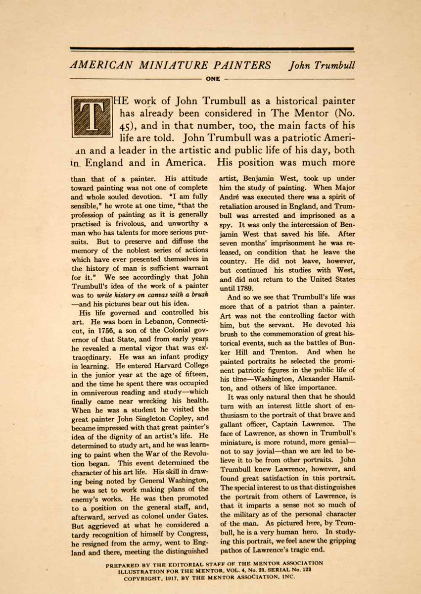 1917 Photogravure Cap. John Lawrence Trumbull Miniature Portrait Paint ...