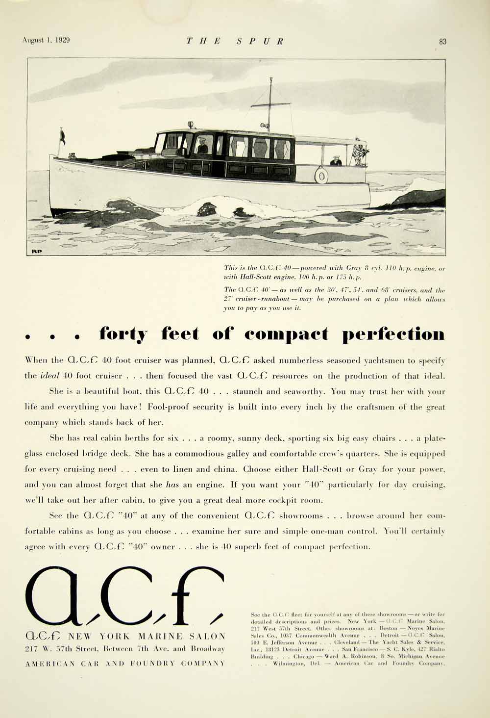 1929 Ad ACF Fleet 40 ft Cruiser Boat Marine 217 W 57th St NY Hall Scot ...