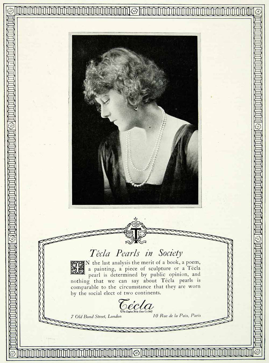 1918 Ad Tecla Pearls Jewelry London Paris Decorative Border Portrait Y ...
