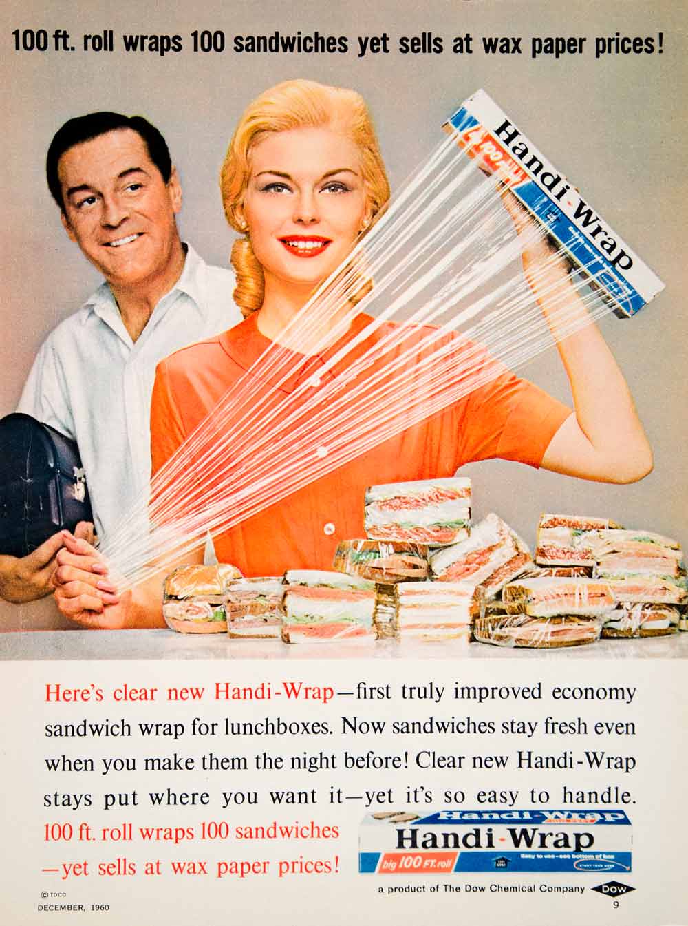 1960 Ad Vintage Handi-Wrap Dow Chemical Company Plastic Sandwich Wrap ...