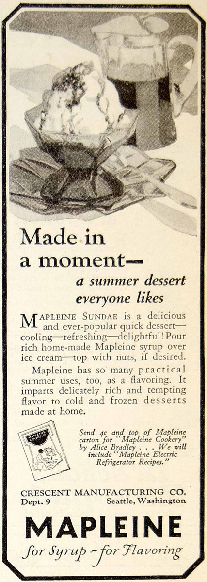 1928 Ad Crescent Mapleine Syrup Ice Cream Sundae Dessert Food Toppings ...