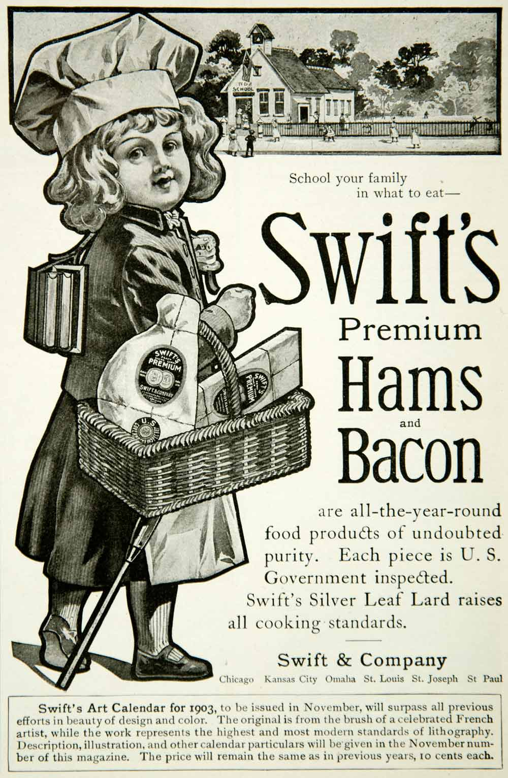 1902 Ad Swift Premium Ham Bacon Pig Child Basket Meat Silver Leaf Lard ...