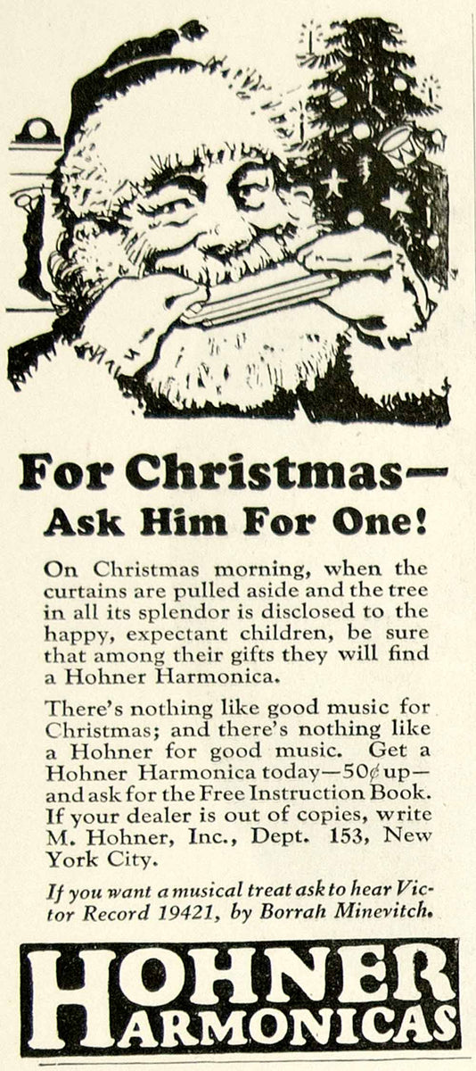 1924 Ad Hohner Harmonica Musical Instrument Christmas Santa Claus Holi ...