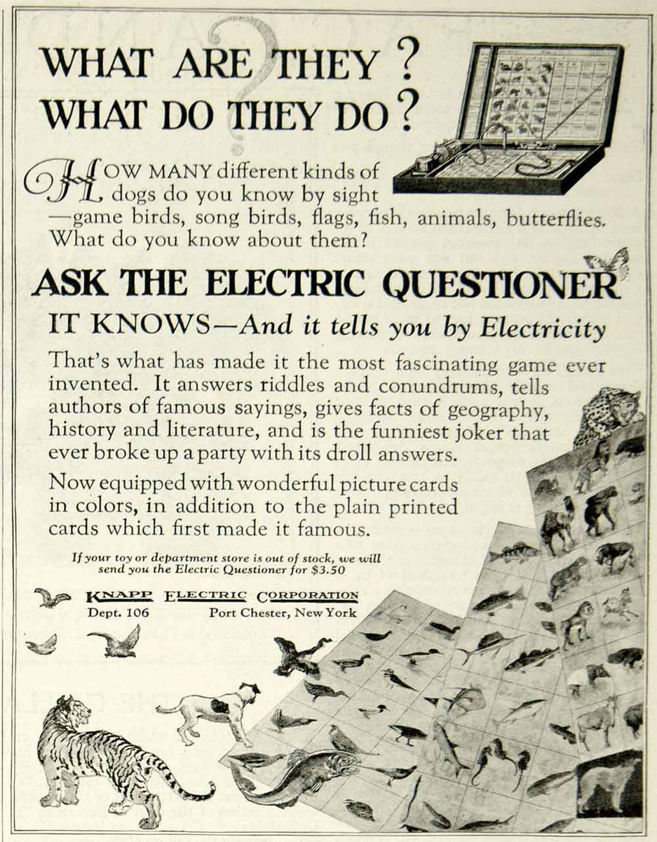 1925 Ad Knapp Electric Questioner Children's Education Toy Roaring Twe ...