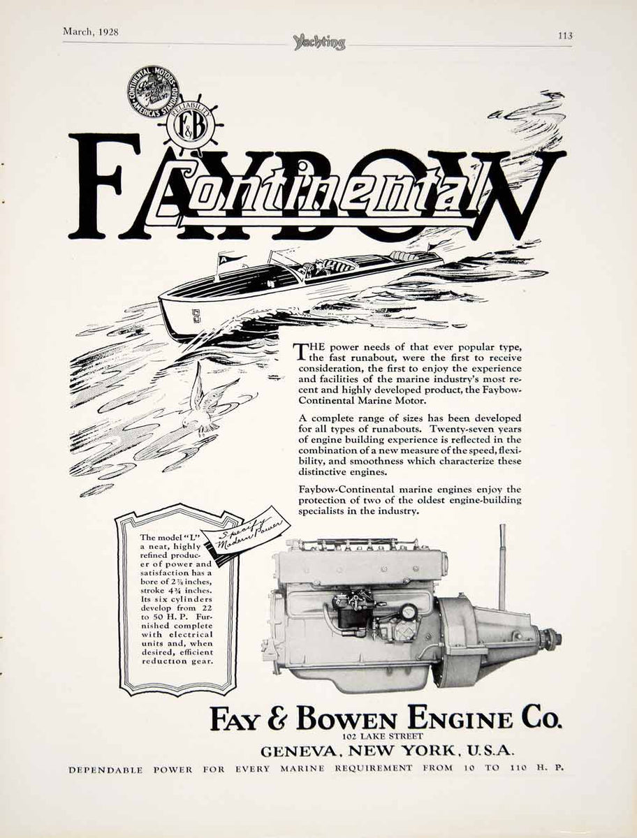 1928 Ad Fay & Bowen Engine Model L Continental Marine Motor Boat Yacht ...