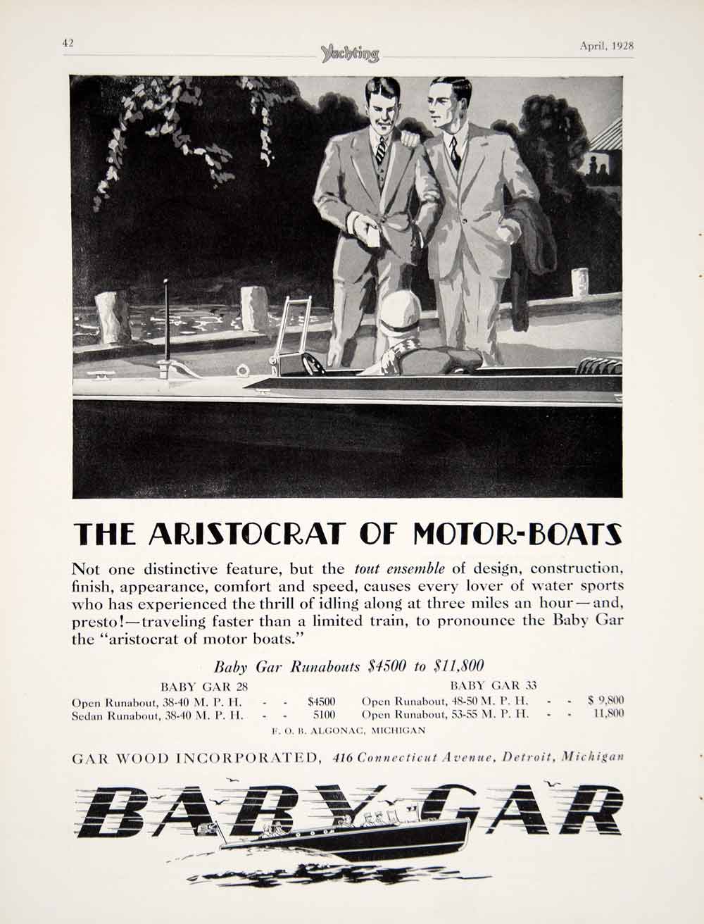1928 Ad Gar-Wood Baby Gar Open Runabout Motor Speedboat Art Deco Nauti ...