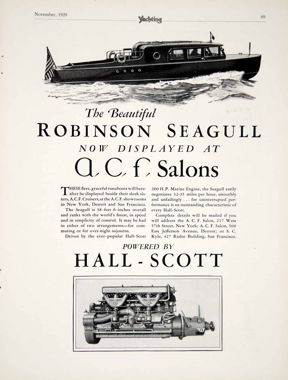 1928 Ad ACF Cruiser Robinson Seagull Runabout Motorboat Hall-Scott Eng ...