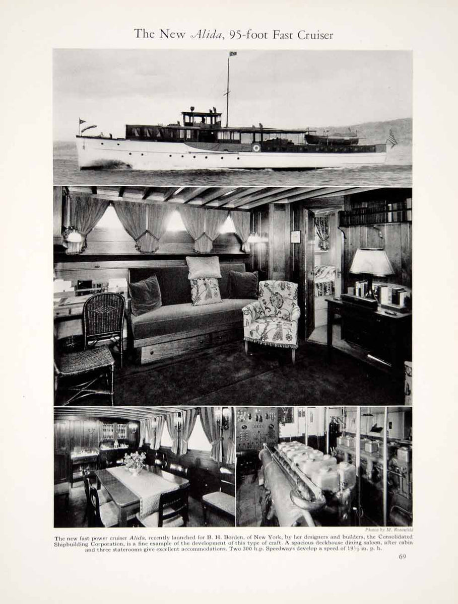 1928 Print Alida 95ft Cruiser Yacht Ship Interior Boat Nautical Marine ...
