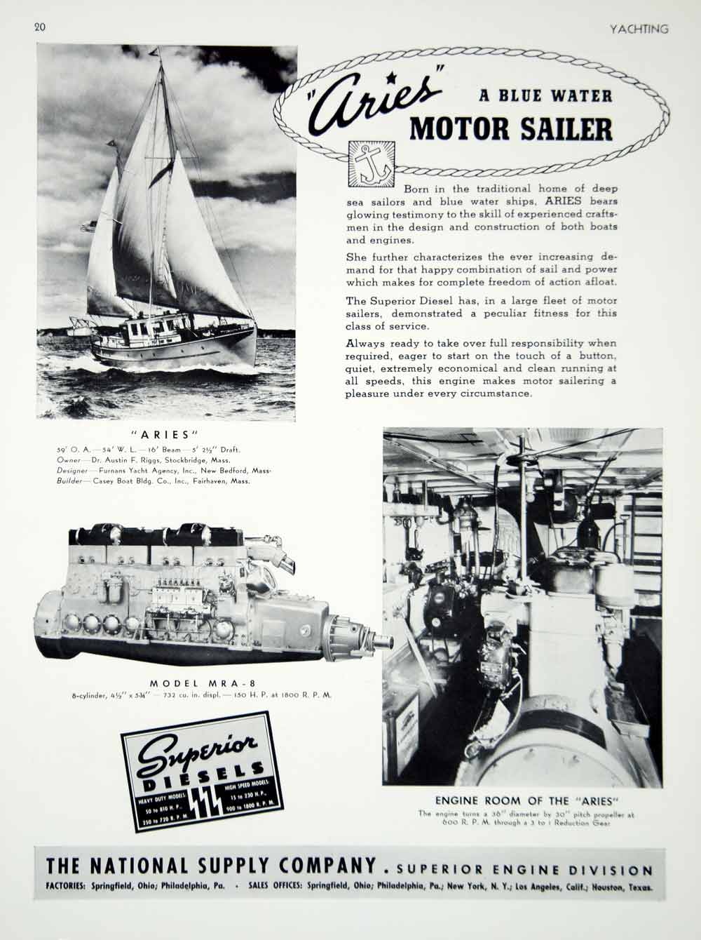 1939 Ad Superior Diesel Engines Yacht Aries Dr. Austin F Riggs Engine ...