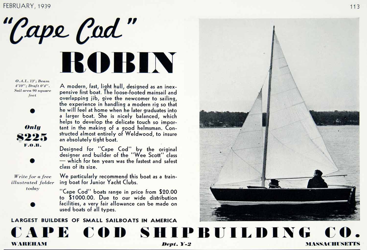 1939 Ad Vintage Cape Cod Shipbuilding "Robin" Sailboat Wareham Massach ...
