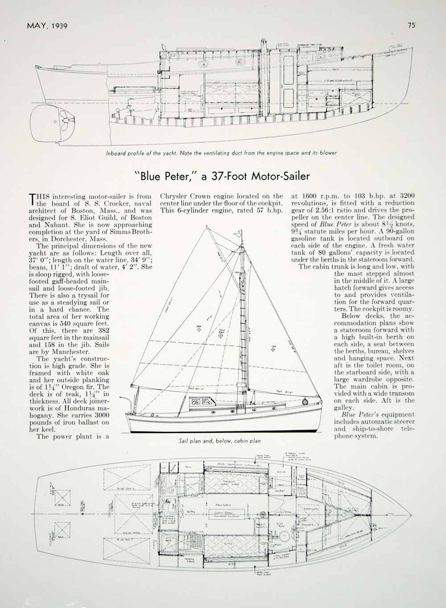 1939 Article Blue Peter Sailboat Yacht Samuel Sturgis Crocker Sail Cab ...