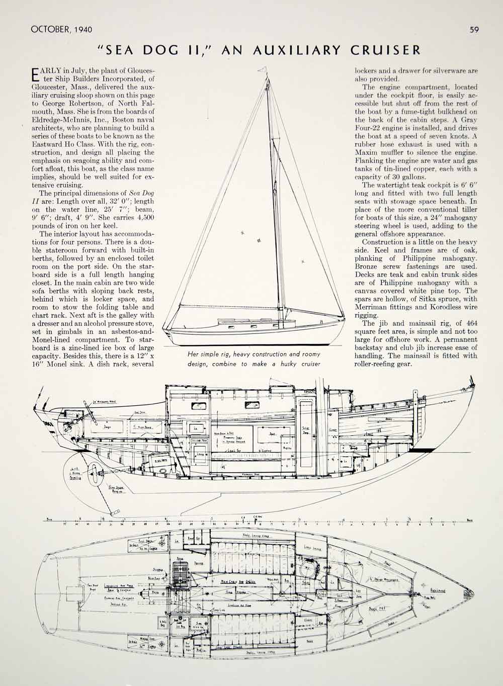 1940 Article Sea Dog II Cruiser Yacht Sloop Sail Cabin Plan George Rob ...