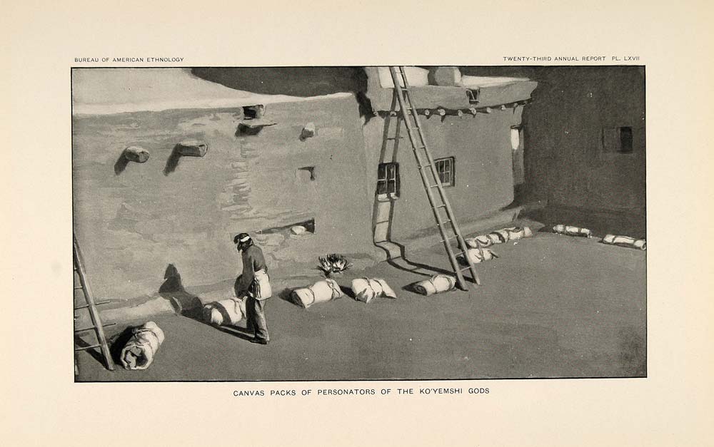 1904 Print Zuni Plaza Indian Canvas Packs Koyemshi Gods ORIGINAL HISTO ...
