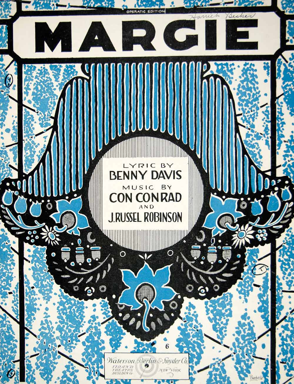 1920 Sheet Music Margie Song Benny Davis Lyric Con Conrad Barbelle Vin ...