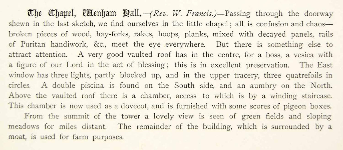 1871 Lithograph WF Francis Art Chapel Little Wenham Hall Suffolk Engla ...