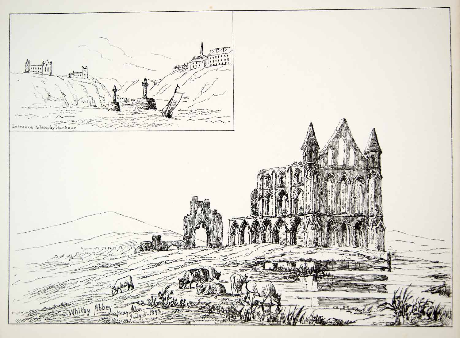 1872 Lithograph May Allen Art Whitby Abbey Harbor North Yorkshire Engl ...
