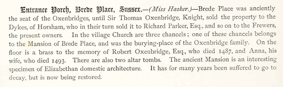 1873 Lithograph MF Hasker Art Brede Place Manor House Sussex England E ...