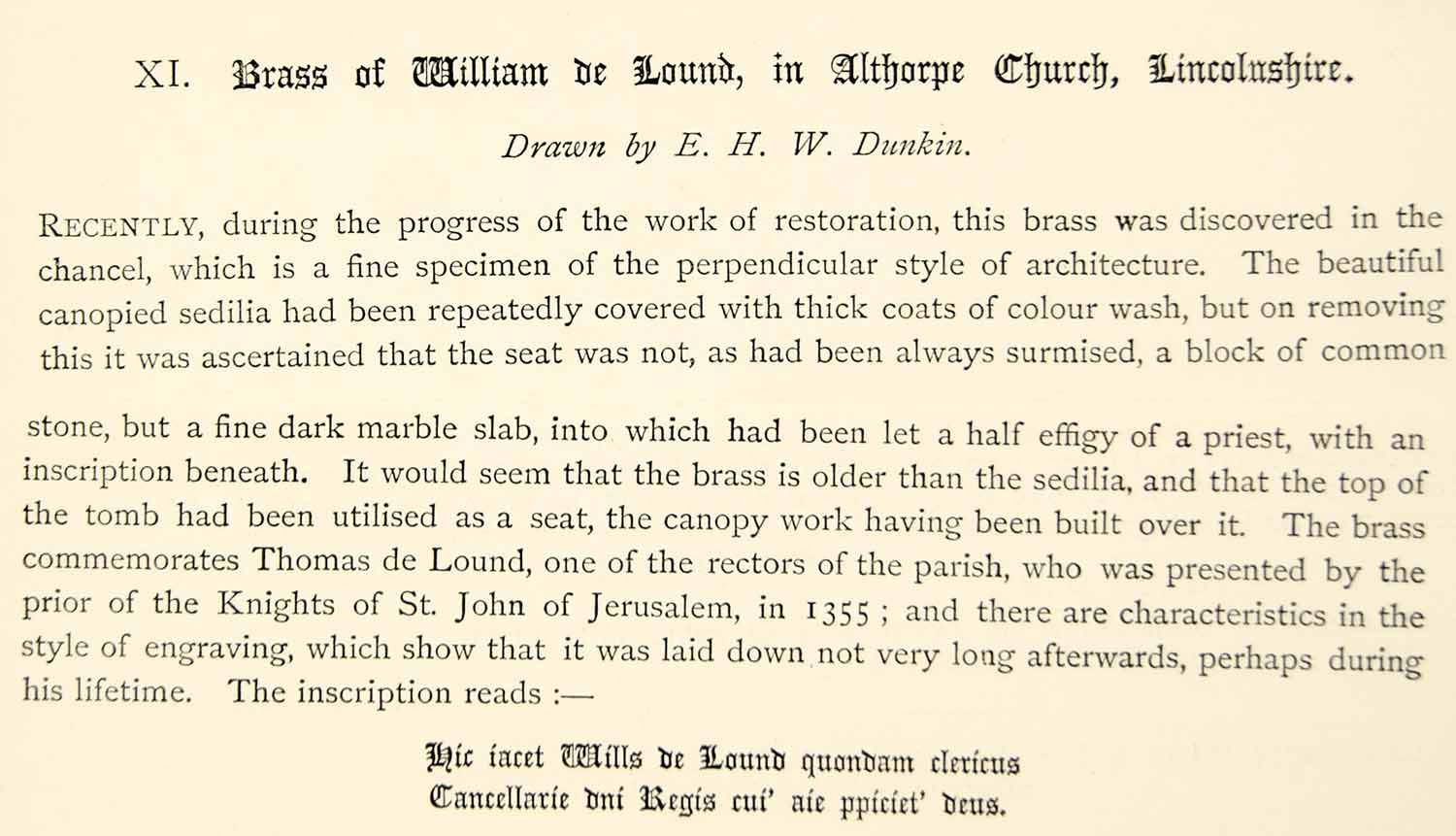 1876 Lithograph EHW Dunkin Art William de Lound Althorpe Church Englan ...