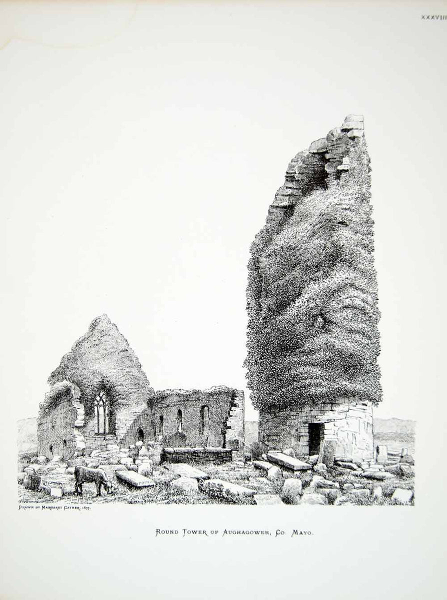 1877 Lithograph Margaret Cather Art Round Tower Aughagower Ireland Cel ...