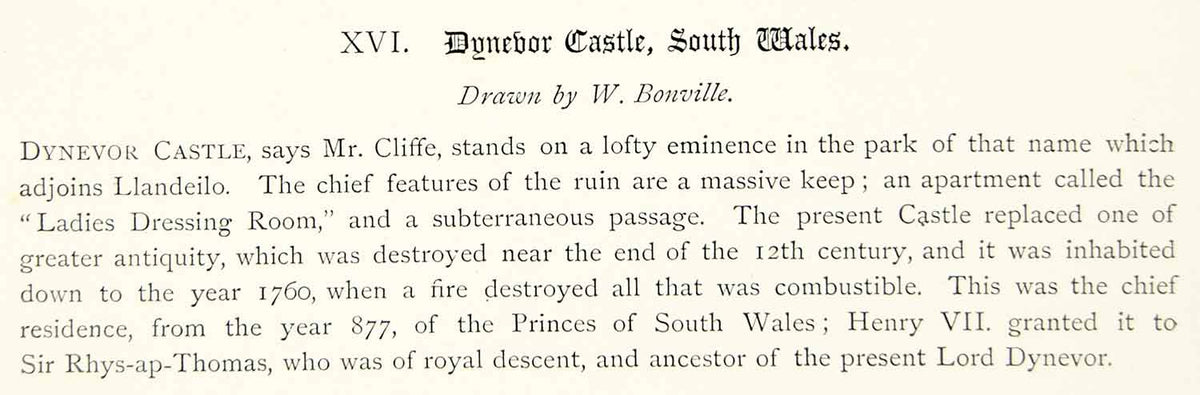 1878 Lithograph William Bonville Art Dinefwr Dynevor Castle Wales Land ...