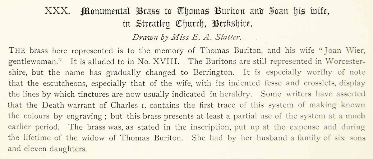 1878 Lithograph Slatter Art Thomas Buriton Joan Weir Brass Streatley C ...