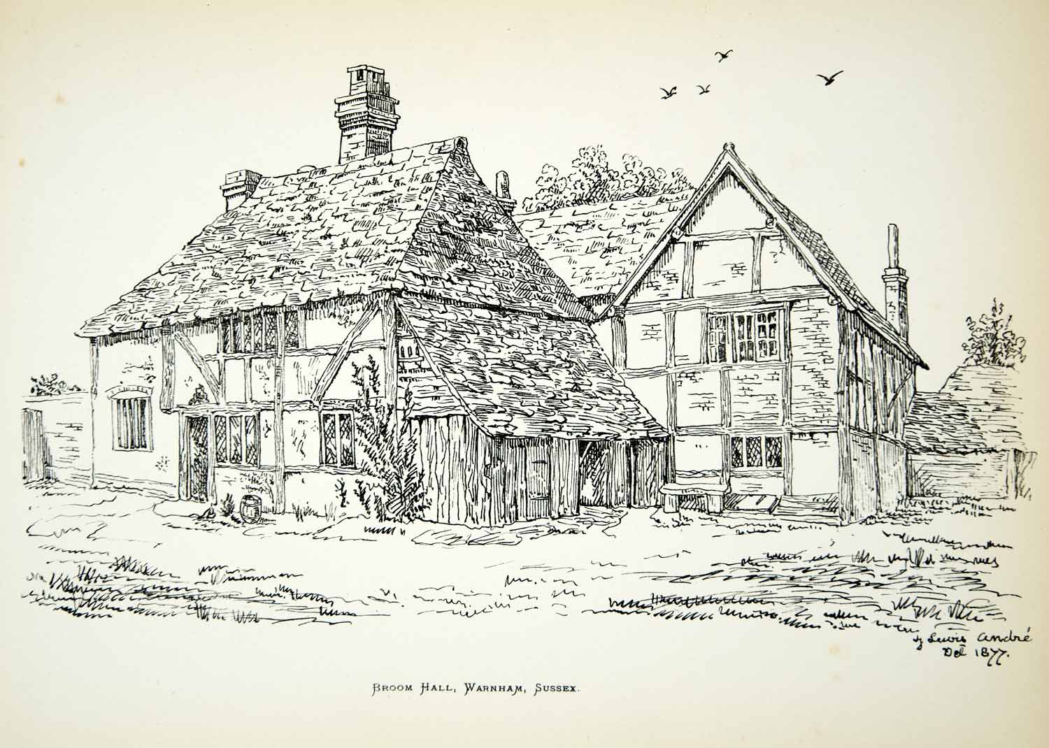 1879 Lithograph J Lewis Andre Art Broom Hall Warnham Sussex England Ma ...