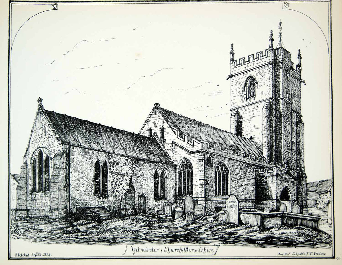 1881 Lithograph James T Irvine Art St Andrews Church Yetminster Englan ...