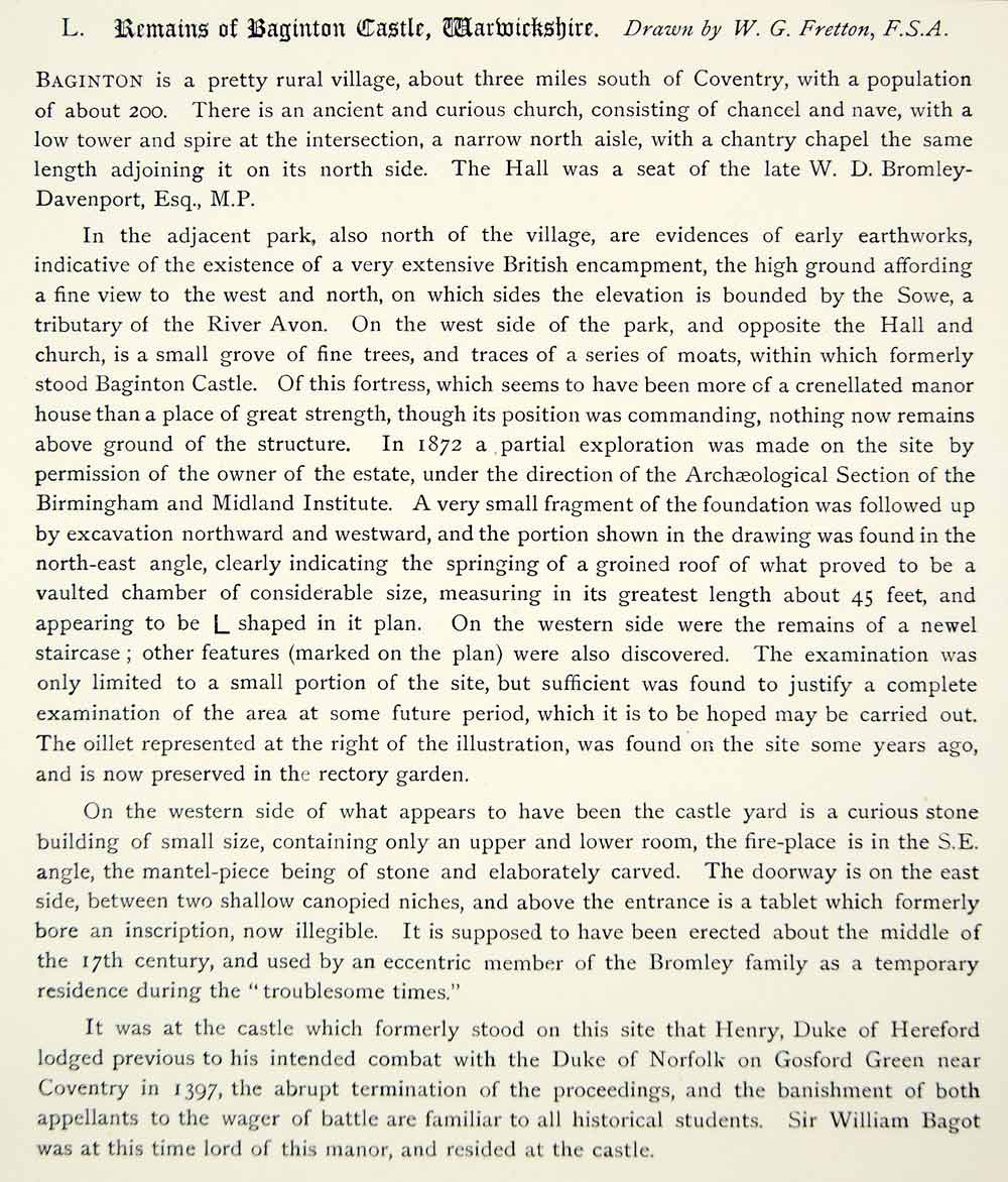 1883 Lithograph WG Fretton Art Bagot Baginton Castle England UK Archae ...