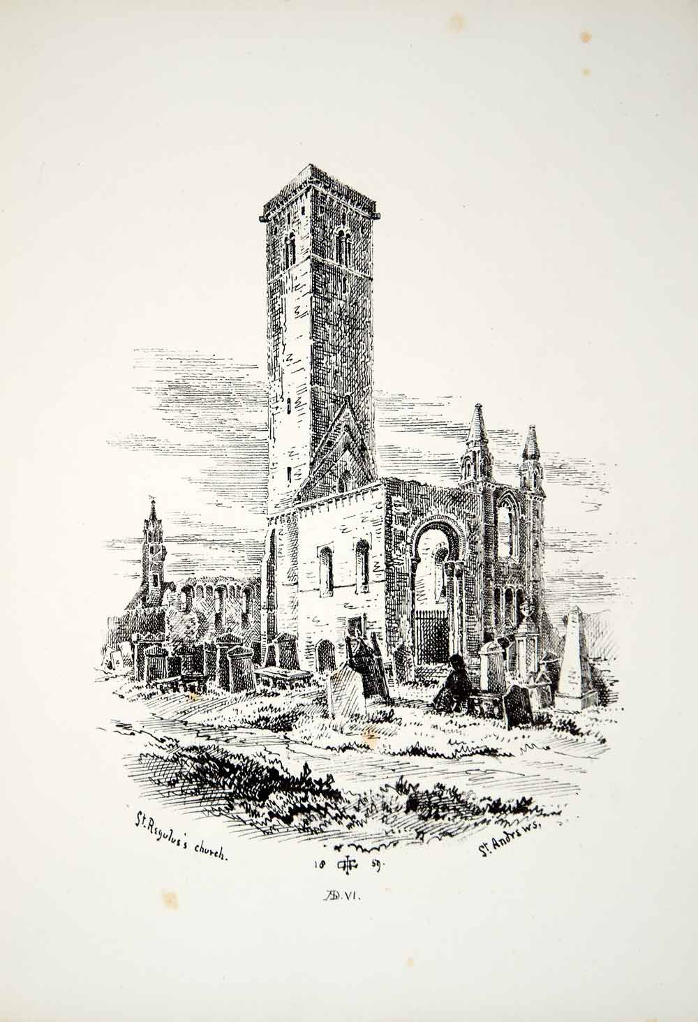 1859 Lithograph JH Gibson Art St Regulus Rule Church St Andrews Scotla ...