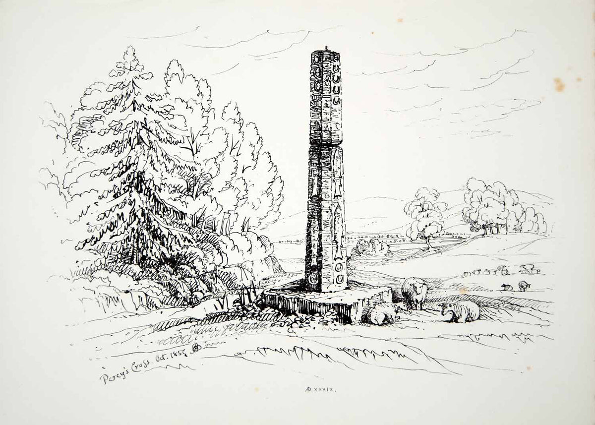1859 Lithograph J Brooke Art Percy Cross Battle Stone Northumberland E ...