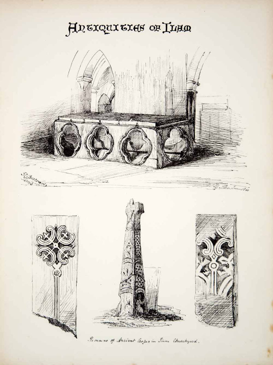 1860 Lithograph Art Chapel St Bertram Tomb Stone Coffin Cross Ilam Eng ...
