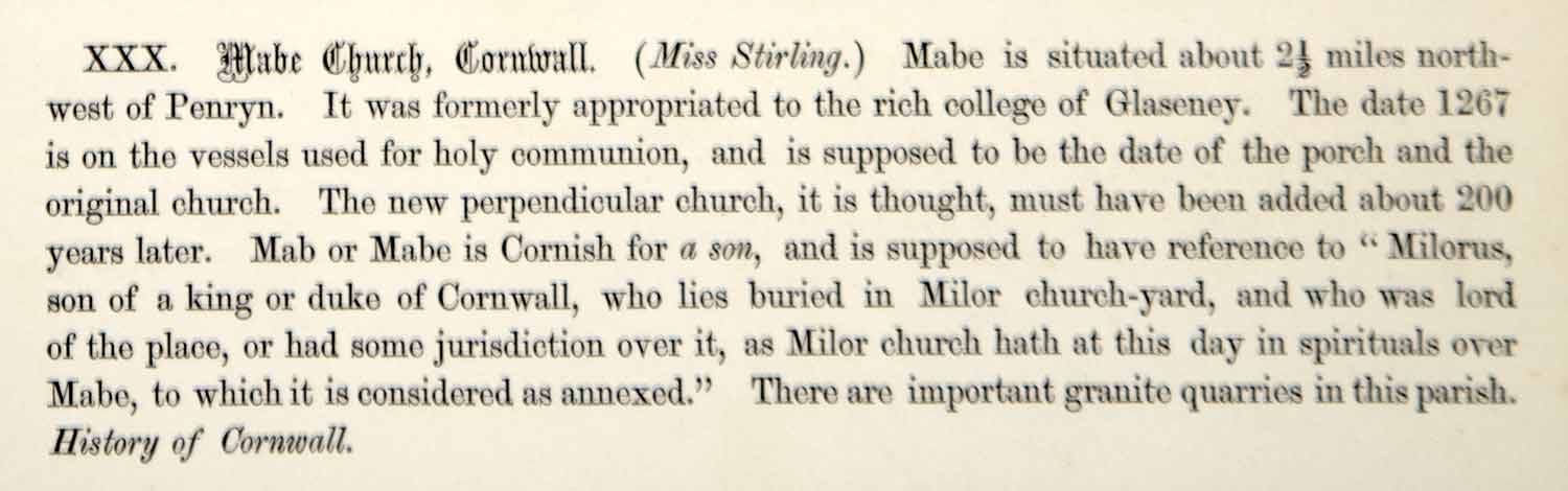 1861 Lithograph JM Stirling Art St Lauds Church Mabe Cornwall England ...