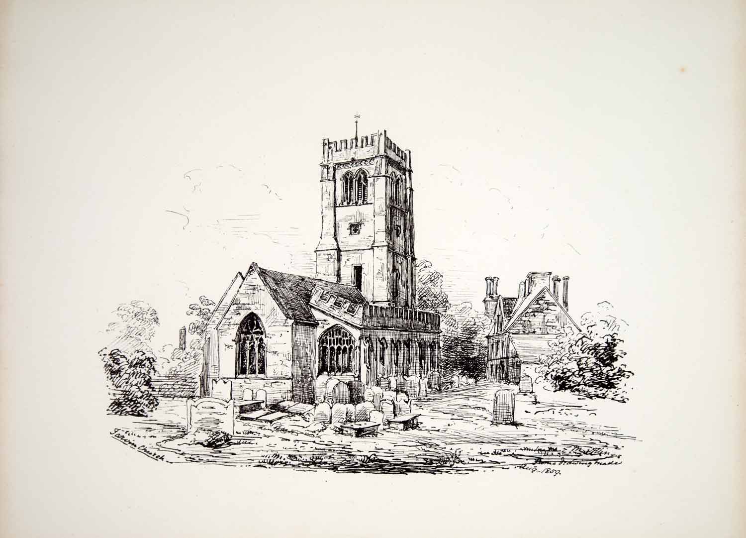 1861 Lithograph M Allen Art St Andrews Church Tarvin Cheshire England ...