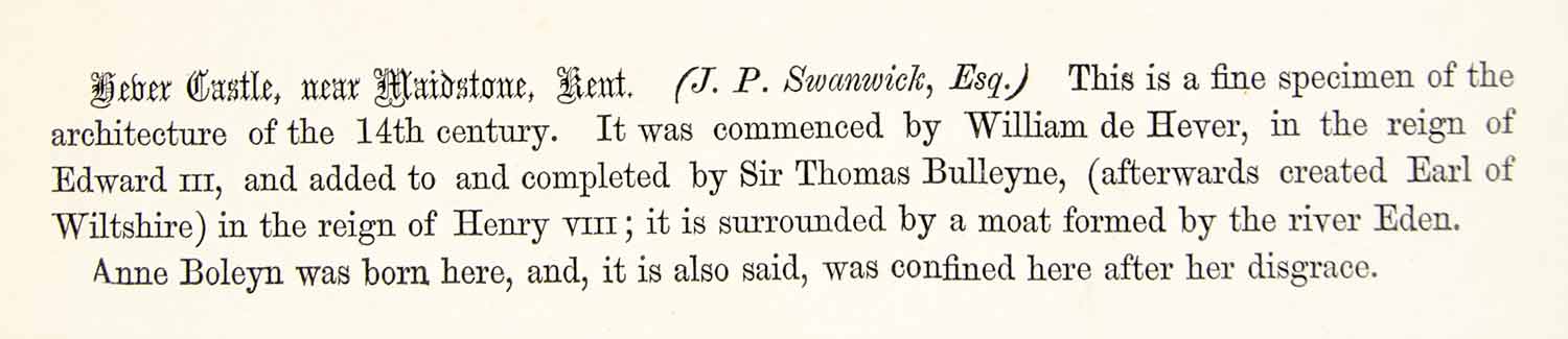 1863 Lithograph Swanwick Art Hever Castle Edenbridge Kent England Medi ...