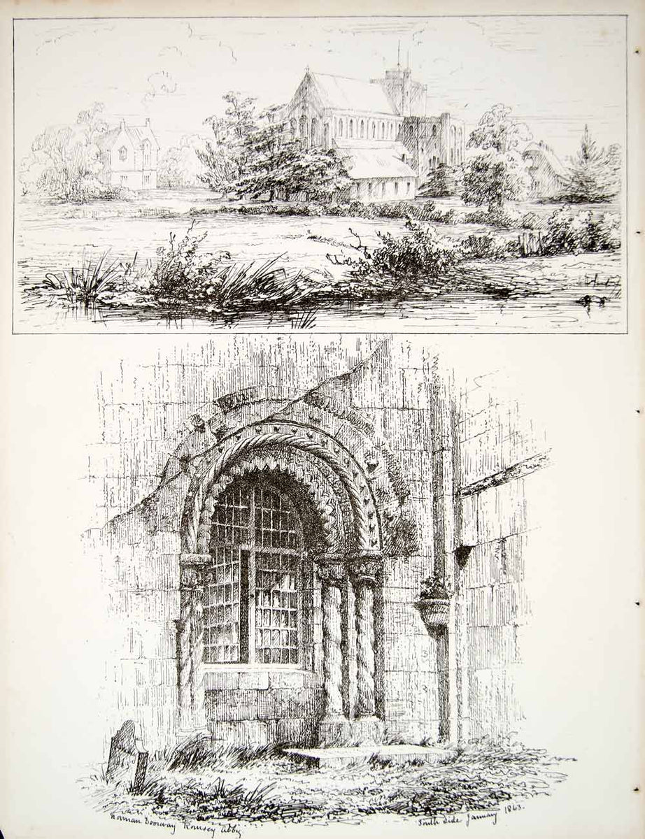 1863 Lithograph JP Swanwick Art Romsey Abbey Norman Architecture Engla ...