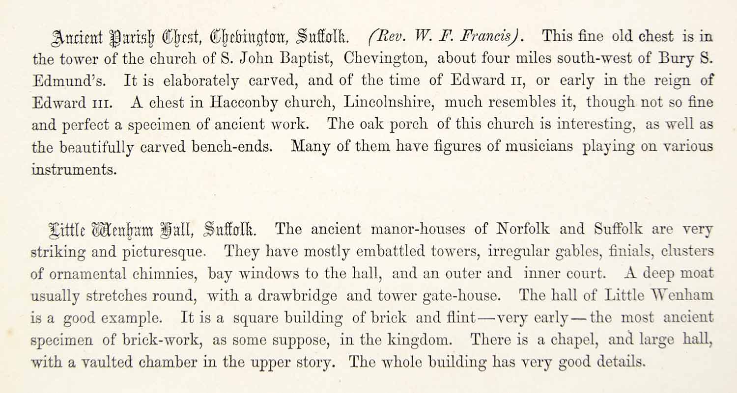 1864 Lithograph WF Francis Art Furniture Chevington Wenham Castle Engl ...