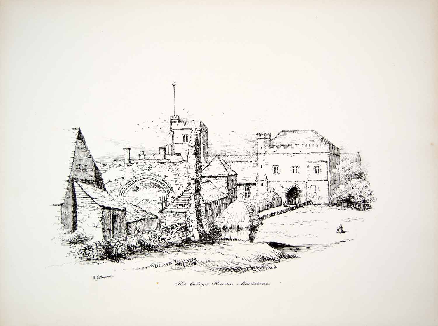 1865 Lithograph RJ Simpson Art College All Saints Maidstone Kent Engla ...